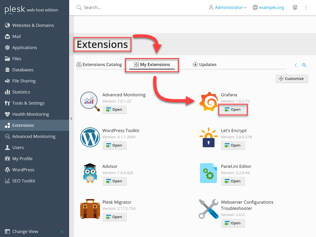 Grafana extension - Plesk